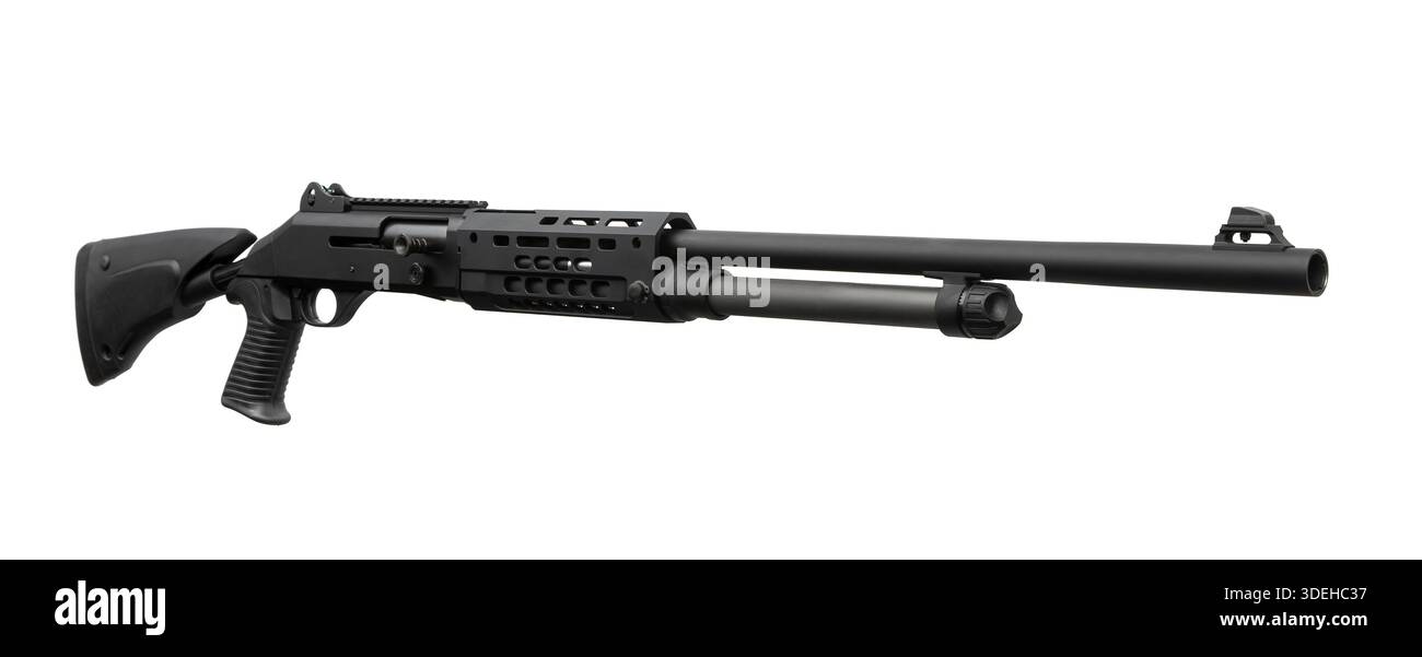 Modern semi-auto tactical shotgun with pistol grip and rails on white ...