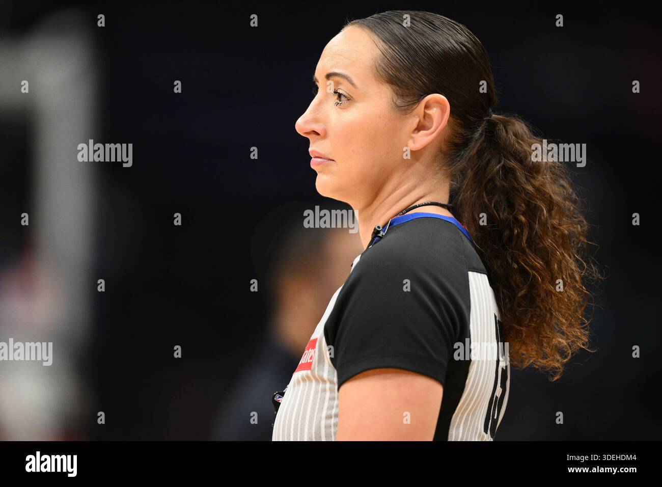 NBA referee Ashley Moyer-Gleich (13) looks on during the second half of ...