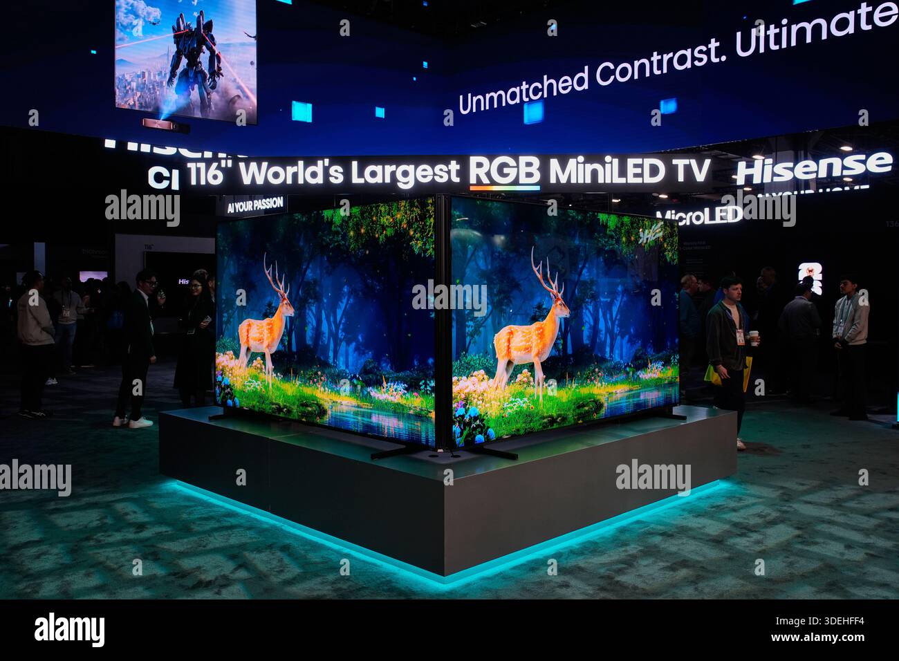 A pair of 116-inch RGB MiniLED televisions are seen on display at the ...
