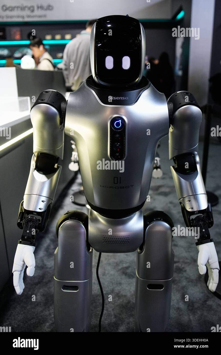 A Harley humanoid service robot stands on display at the Hisense booth ...