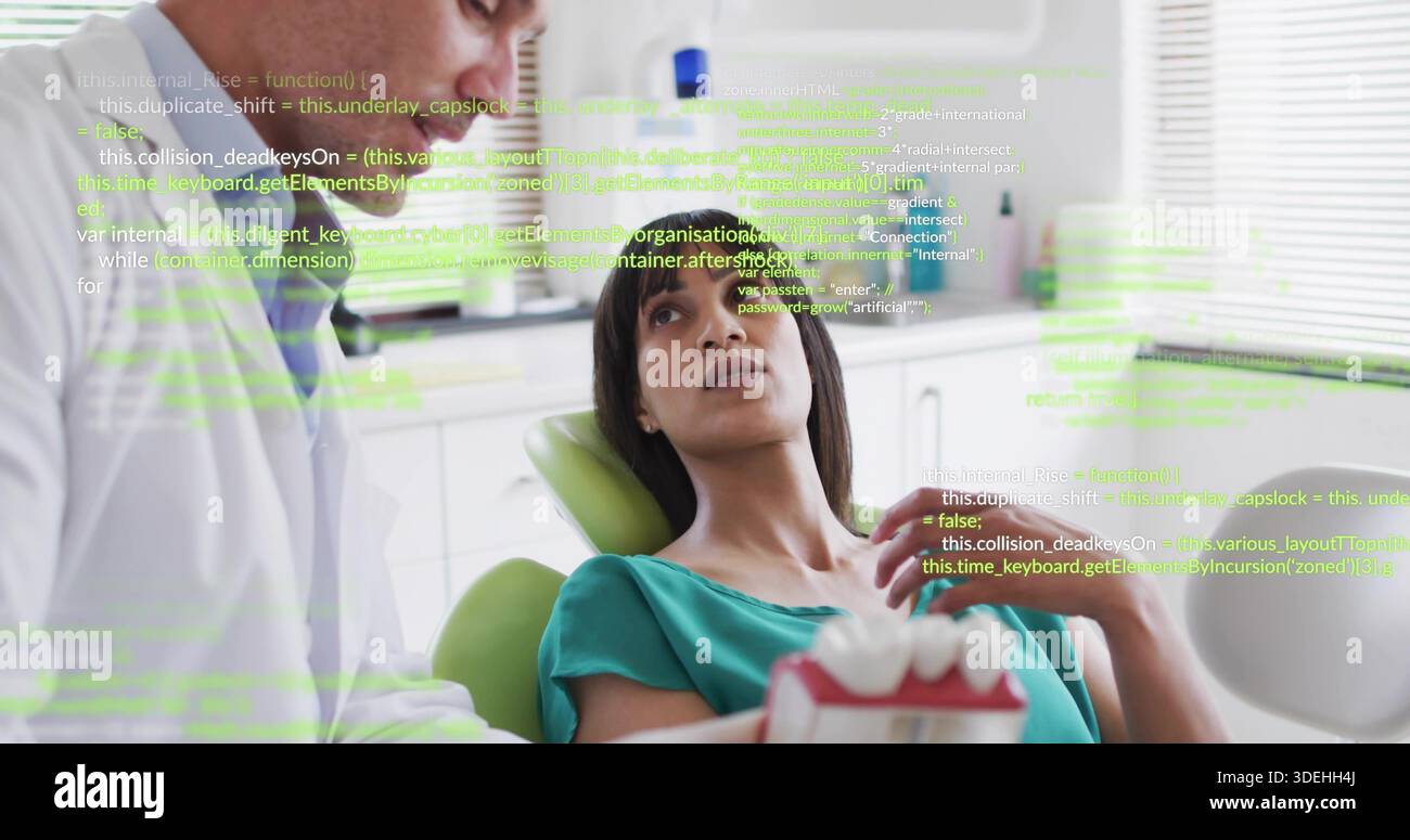 Whitecoat dentist checking teal-top patient in dental chair holding red ...