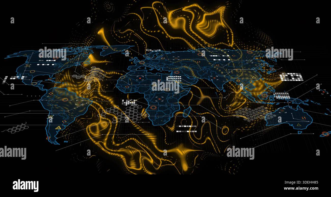 Displaying neon-blue outlined world map visual on dark dashboard, with ...