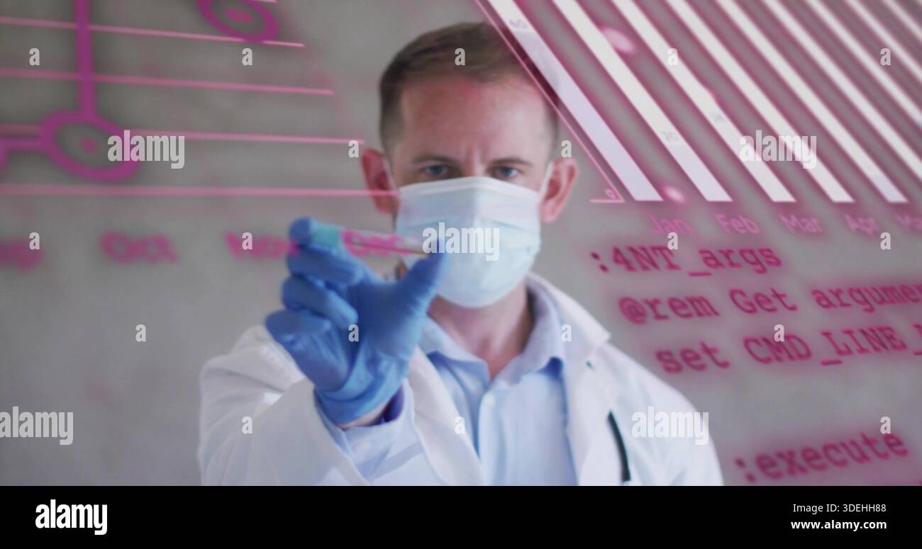 Scientist inspecting microtube against glass in lab, wearing lab coat ...
