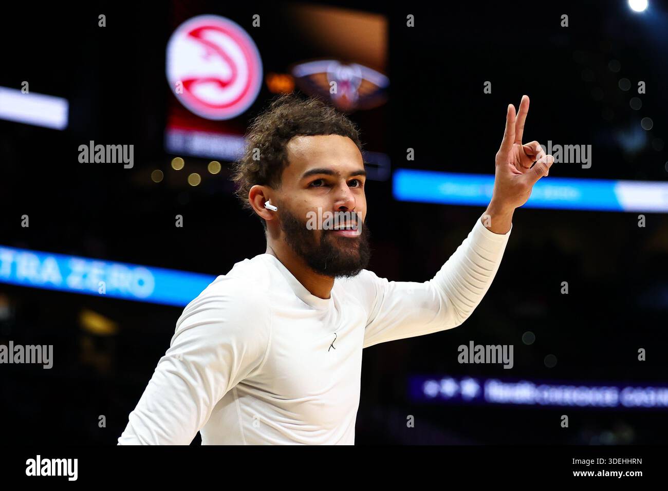 Atlanta Hawks guard Trae Young reacts during pregame warmups before the ...
