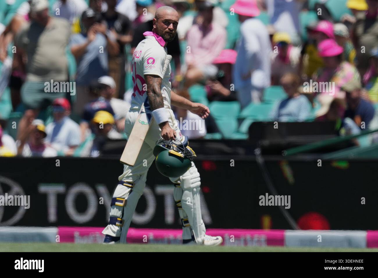 Australia's Jake Weatherald walks from the field after he was dismissed during play on the last ...