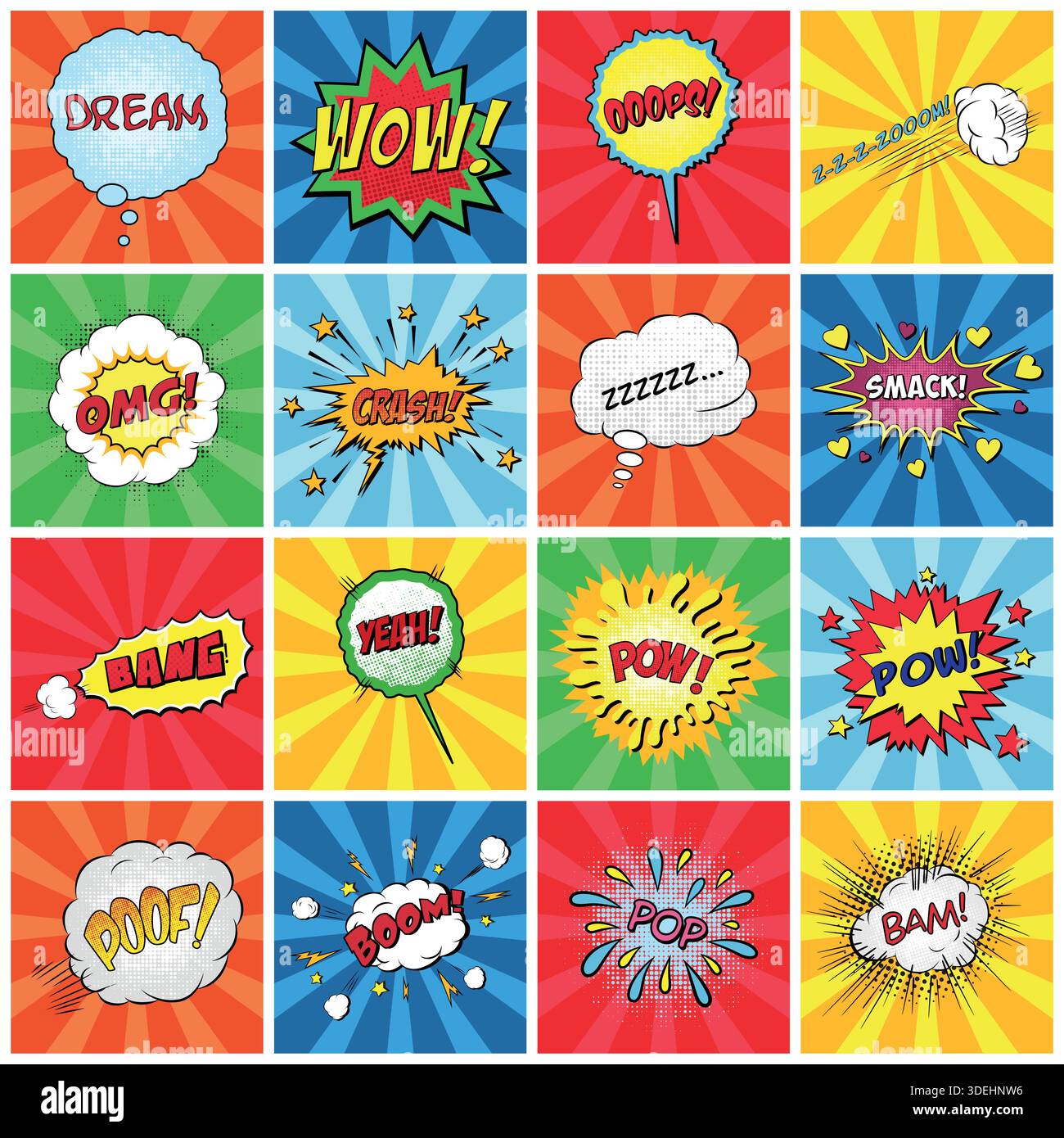 Pop Art Comic Speech Bubbles and Sound Effects Set with Colorful ...