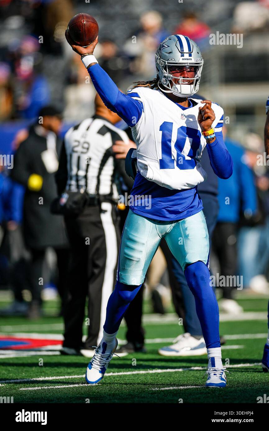 Dallas Cowboys quarterback Joe Milton III (10) warms up before an NFL ...