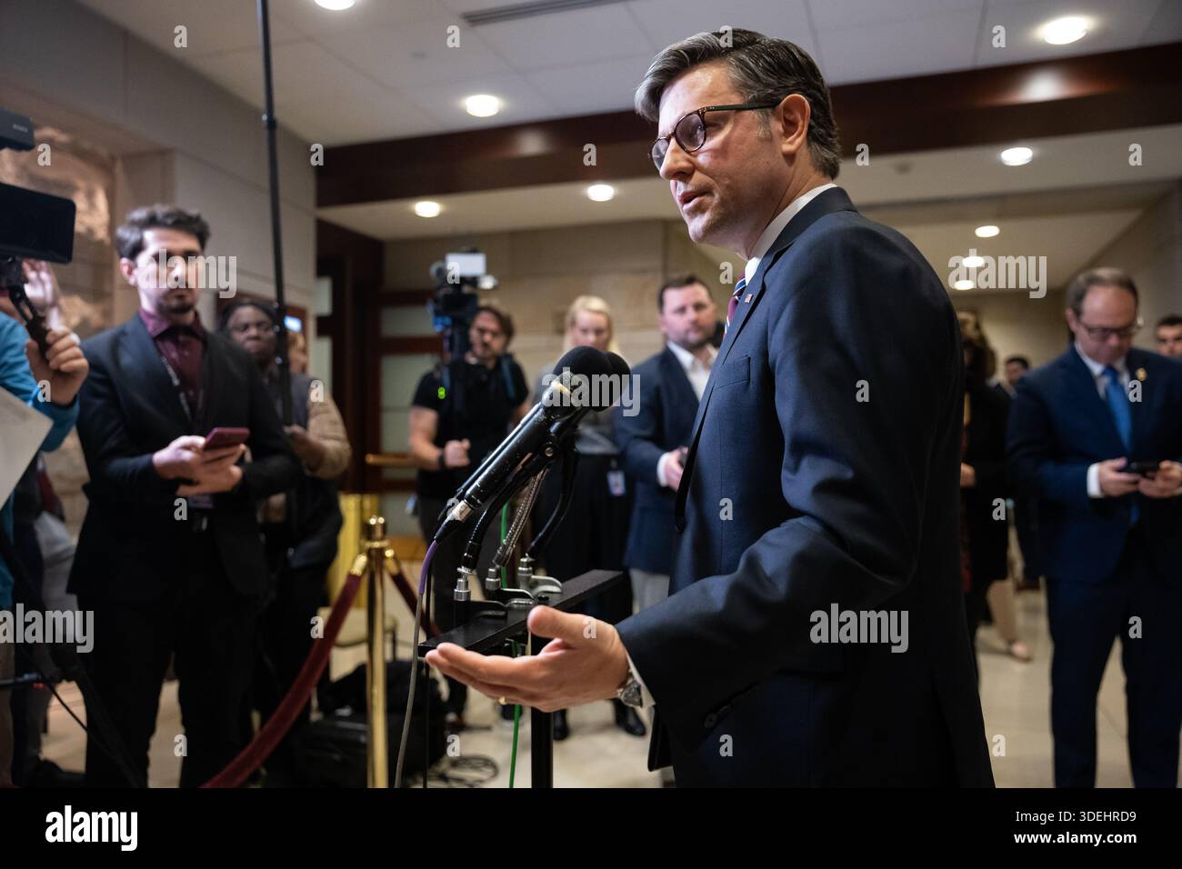 House Speaker Mike Johnson (R-La.) speaks with reporters after a ...