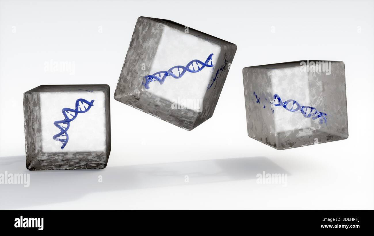 3D DNA helixes encased in ice cubes. This ethereal rendering evokes ...