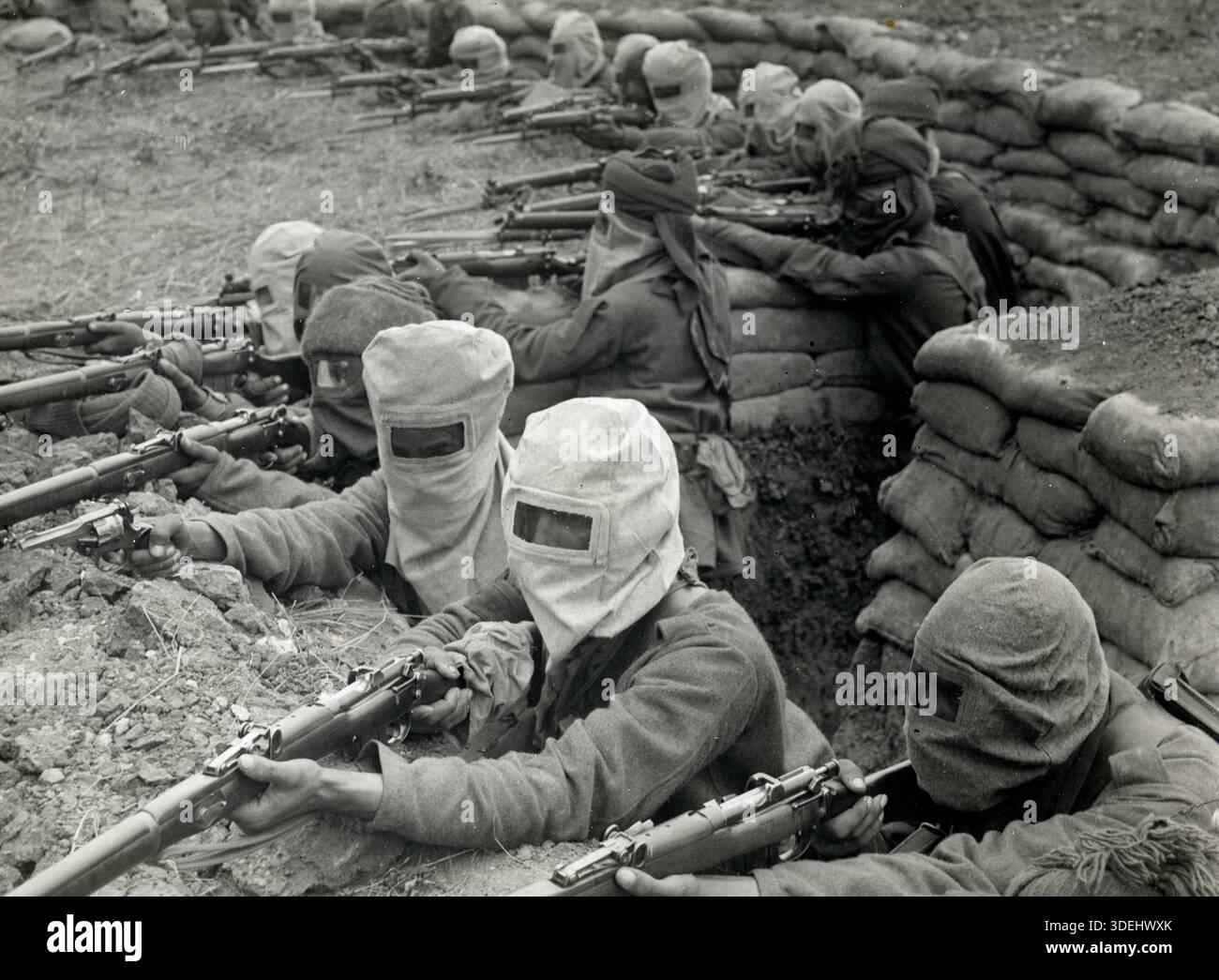 Indian infantry in the trenches, prepared against a gas attack at ...