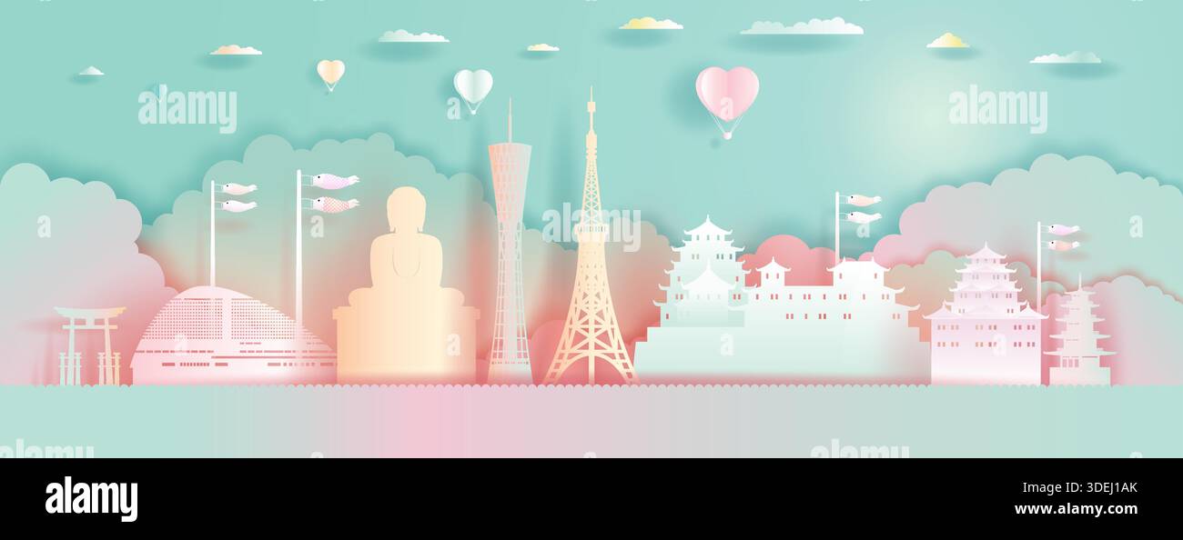 Travel Landmarks Japan Architecture with Love Balloons in colorful ...