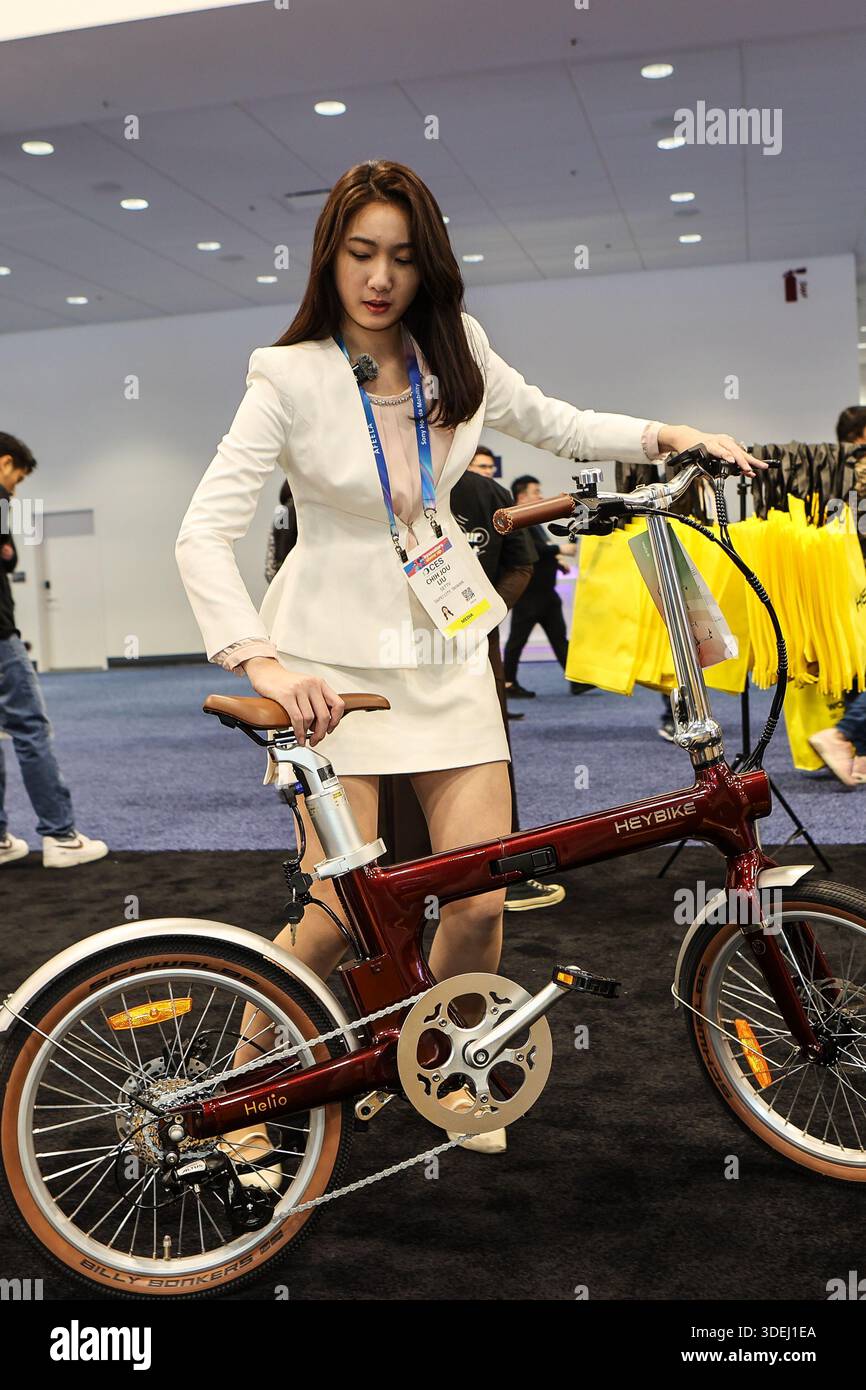 January 7, 2026: An attendee moves a HeyBike during the second day of ...