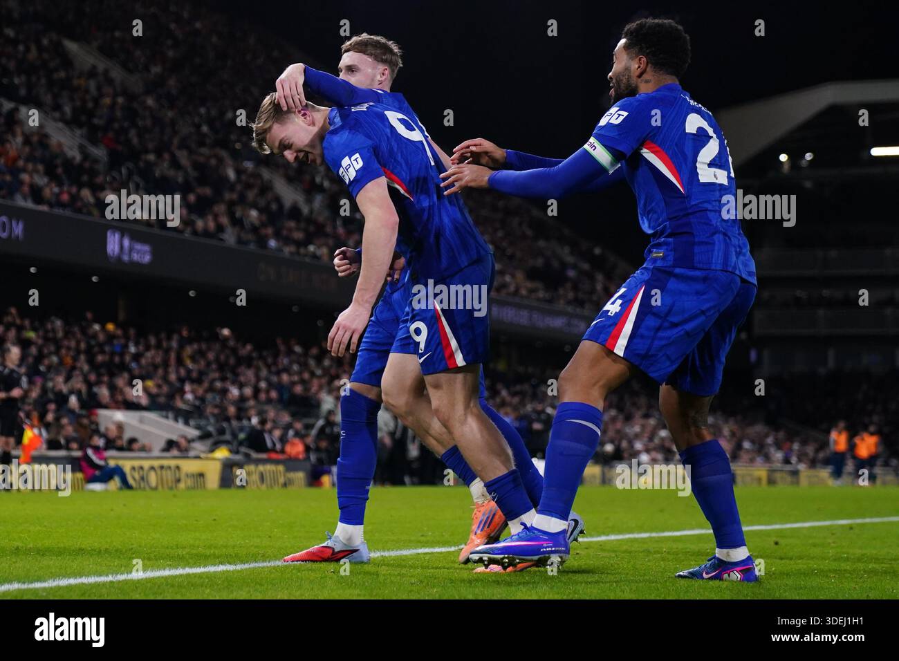 Liam Delap of Chelsea scores and celebrates during the Premier League ...