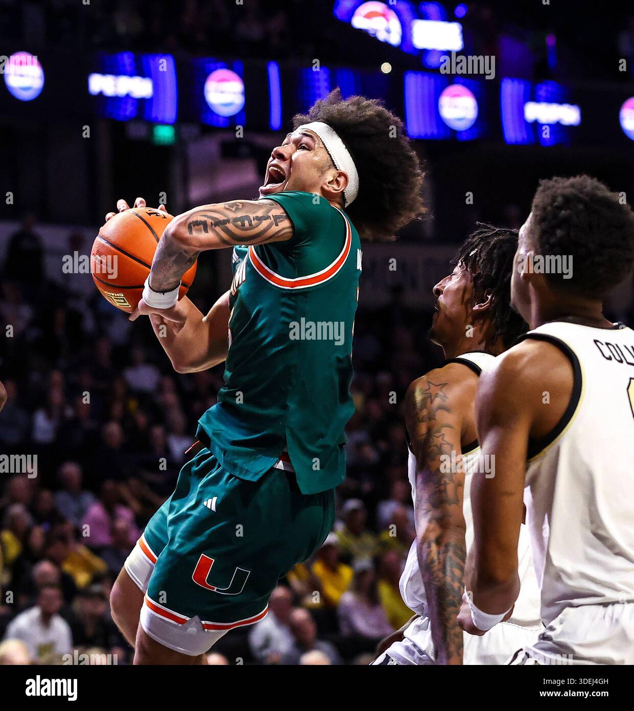January 7, 2026: University of Miami guard Tre Donaldson (3) takes shot ...