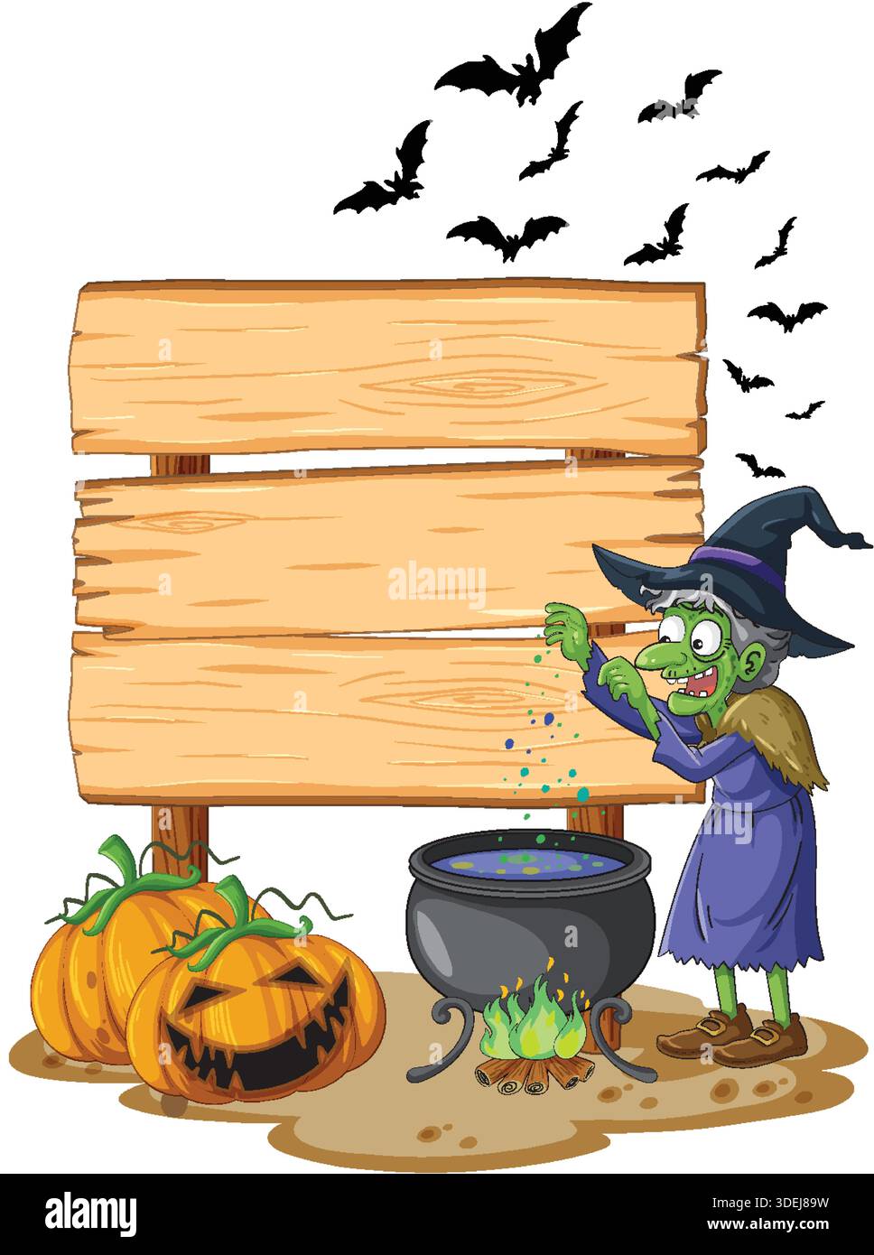 Cartoon green witch stirs bubbling cauldron with pumpkins, bats, and ...