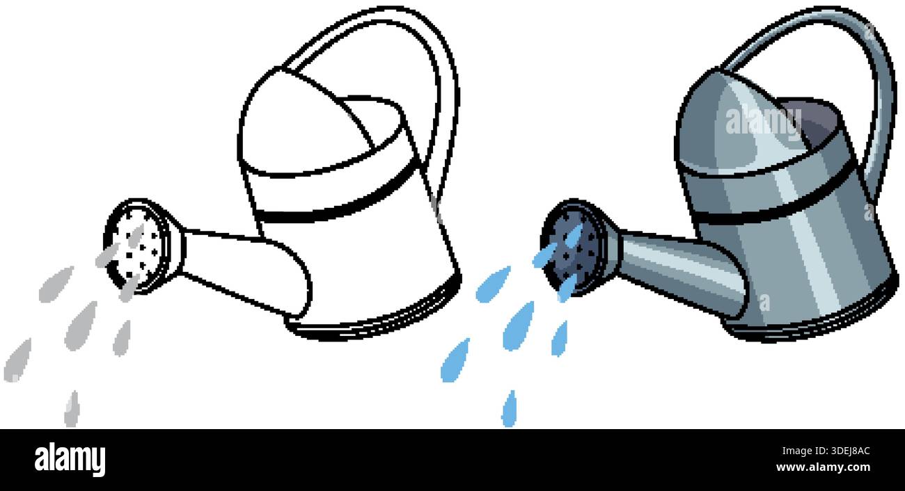 Metal watering cans in outline and colored vector style, pouring water ...