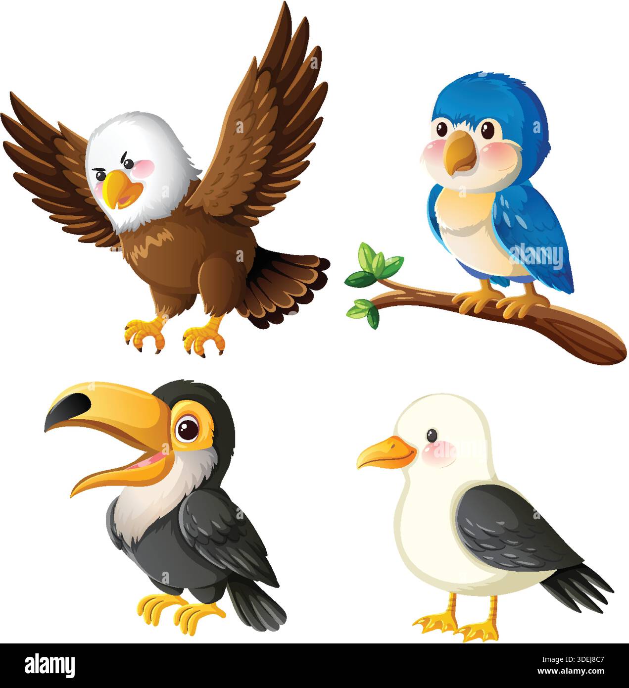 Four vector birds with distinct colors, playful expressions, and clean ...