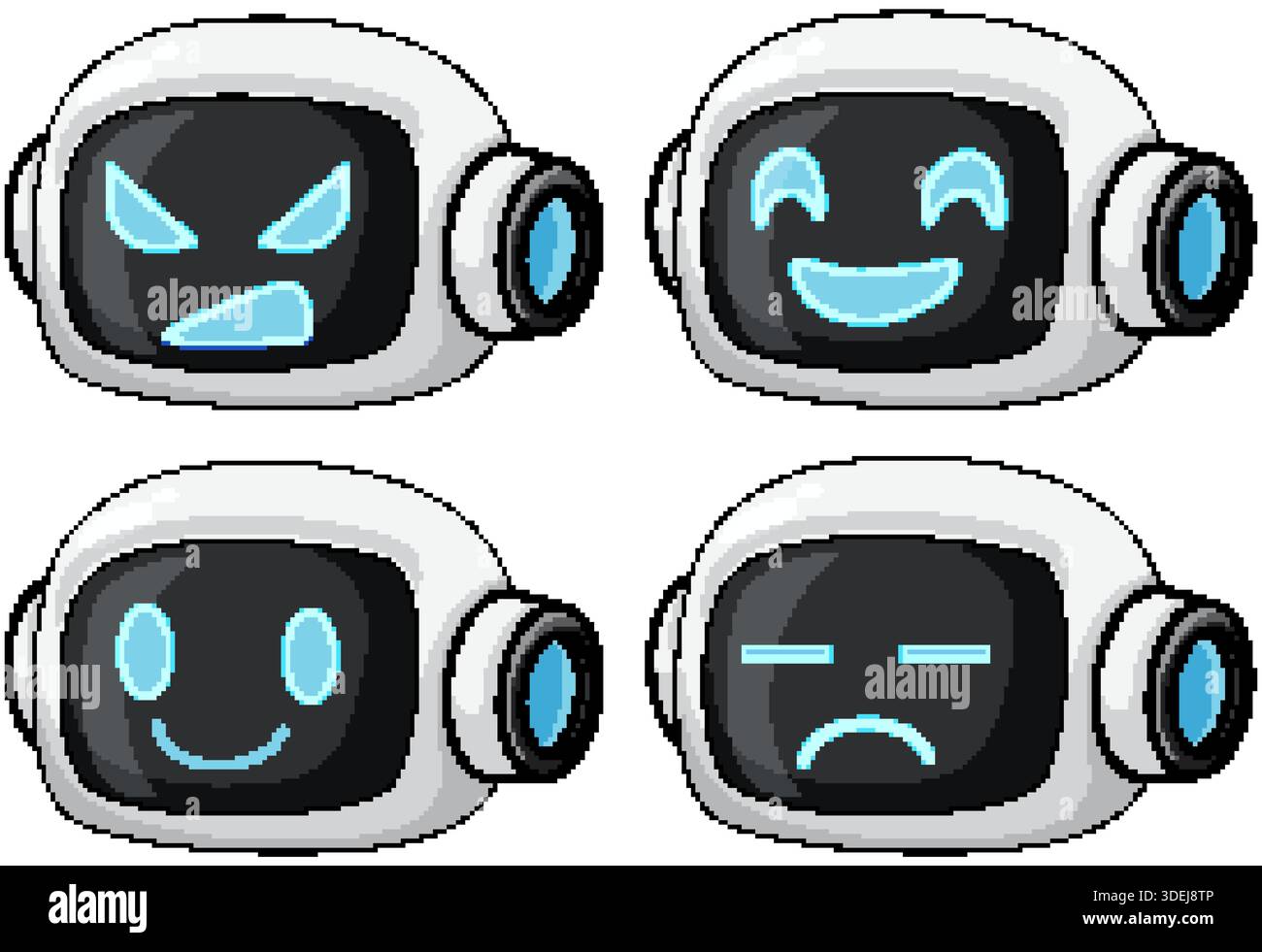 Vector illustration of robot heads with happy, sad, angry, and neutral ...