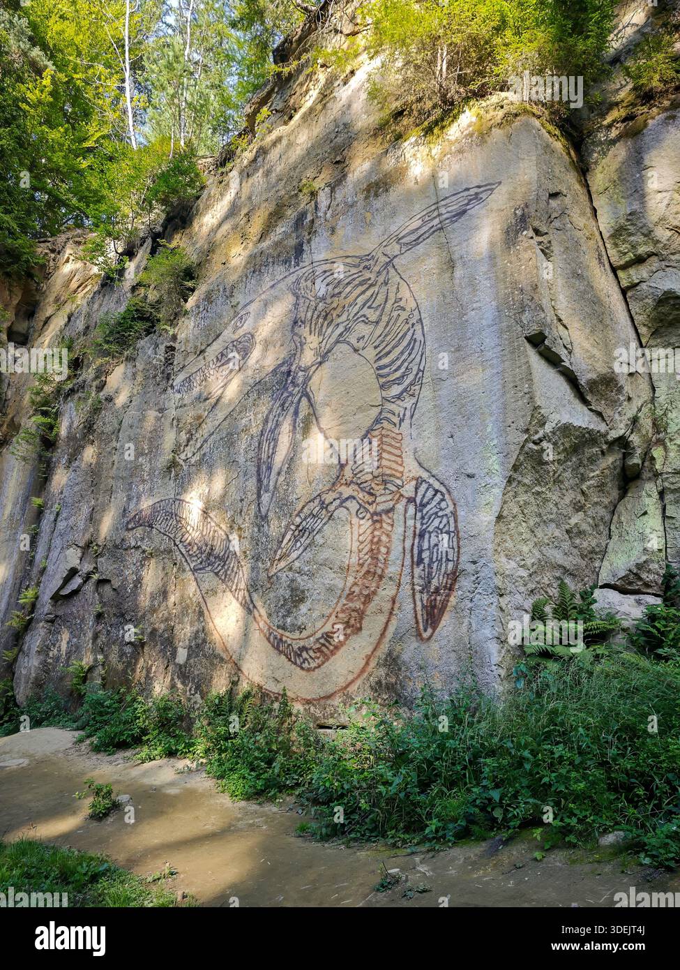Detailed relief of a prehistoric sea monster carved into a natural ...