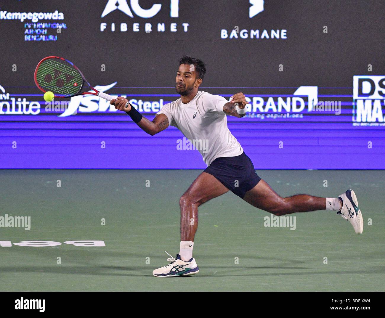 Bengaluru, India. 5th Jan, 2026. Sumit Nagal (IND) on action during the ...
