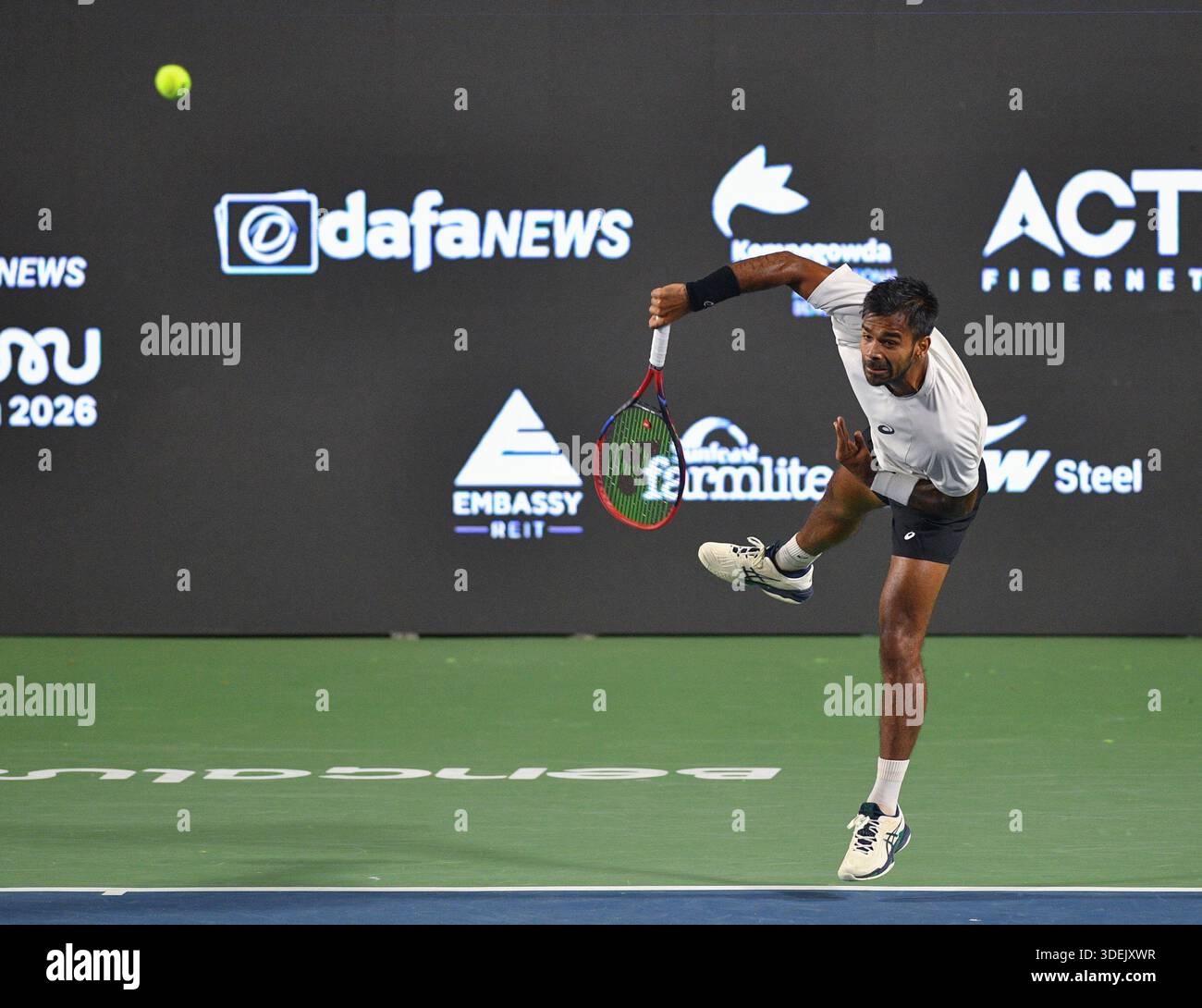 Bengaluru, India. 5th Jan, 2026. Sumit Nagal (IND) on action during the ...