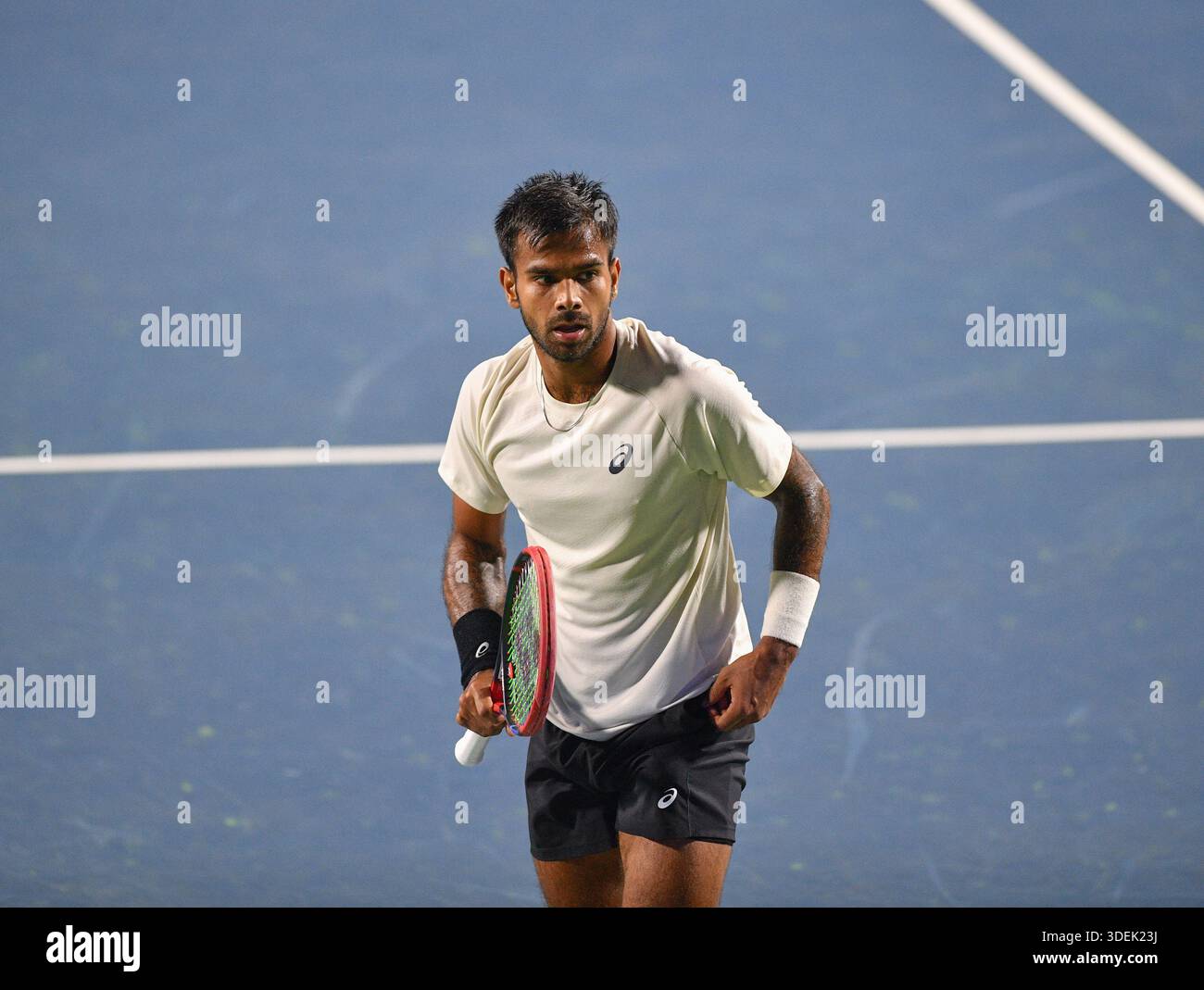 Bengaluru, India. 5th Jan, 2026. Sumit Nagal (IND) on action during the ...