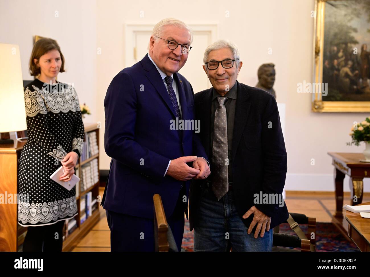 08 January 2026, Berlin: The French-Algerian writer Boualem Sansal (r-l ...