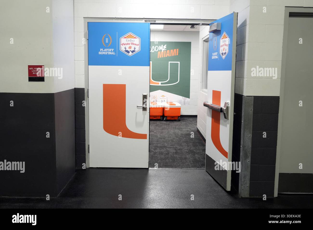 The entrance to the Miami Hurricanes locker room at the Fiesta Bowl at ...