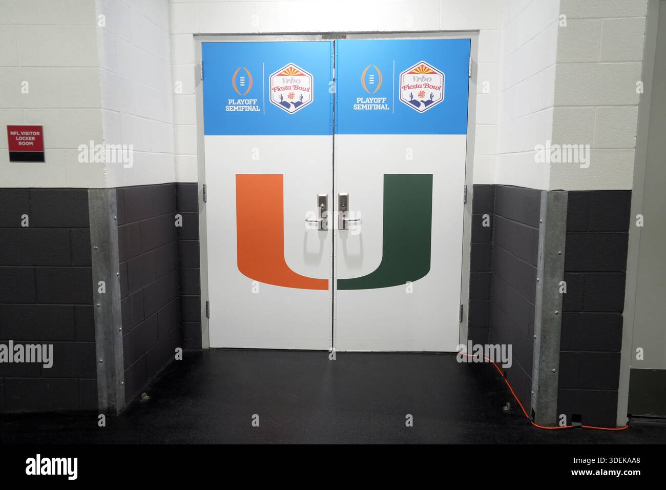 The entrance to the Miami Hurricanes locker room at the Fiesta Bowl at ...