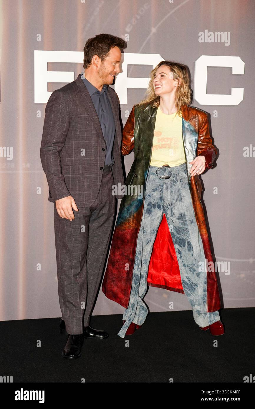 Chris Pratt, left, and Rebecca Ferguson pose for photographers upon ...