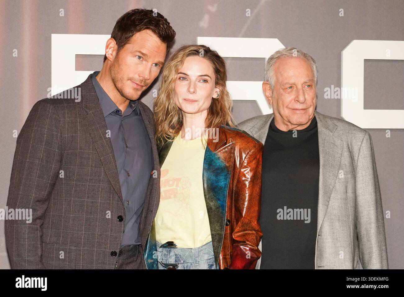 Chris Pratt, left, Rebecca Ferguson, center, and Chuck Roven pose for ...