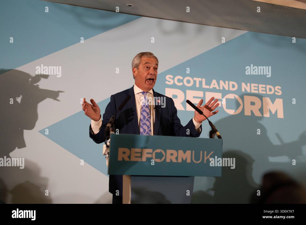Nigel Farage, Reform UK party, speaking at a Reform UK rally in Falkirk ...