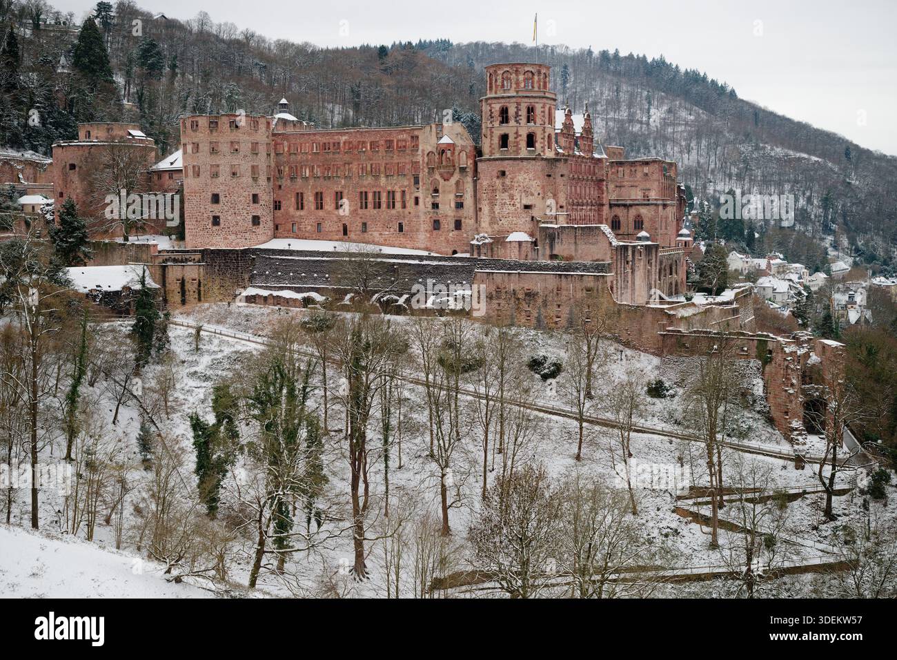 08 January 2026, Baden-Württemberg, Heidelberg: Snow lies on the slopes ...