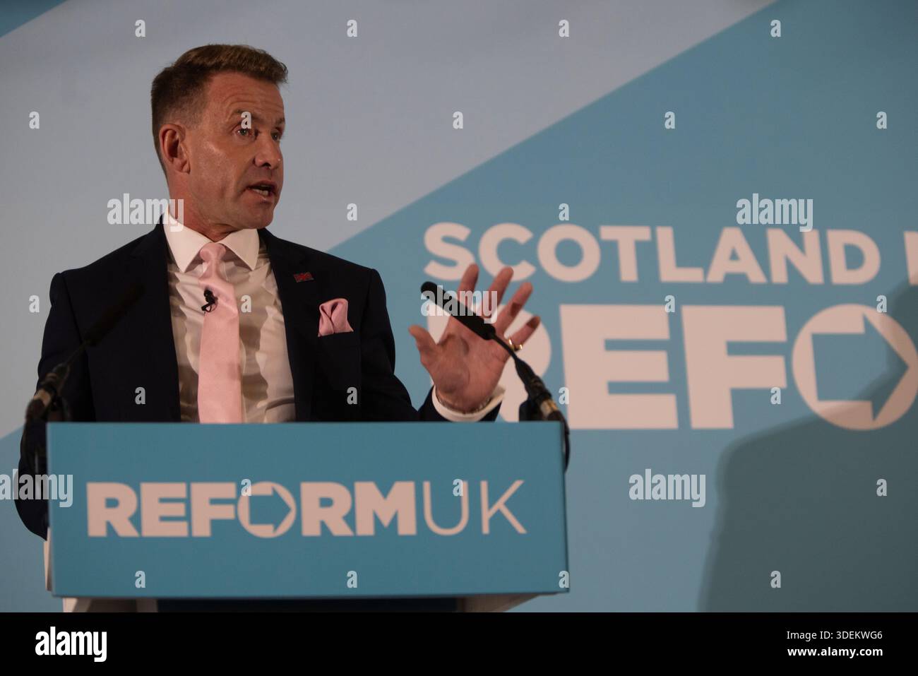 Dr. David Bull, Reform UK party Chairman, speaking at a Reform UK rally ...