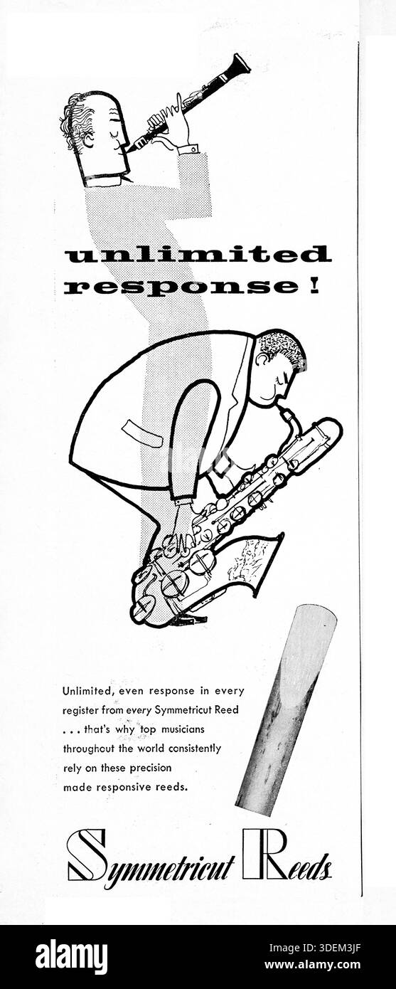An ad in a late 1950s magazine for Symmetricut Reeds for saxophones and ...
