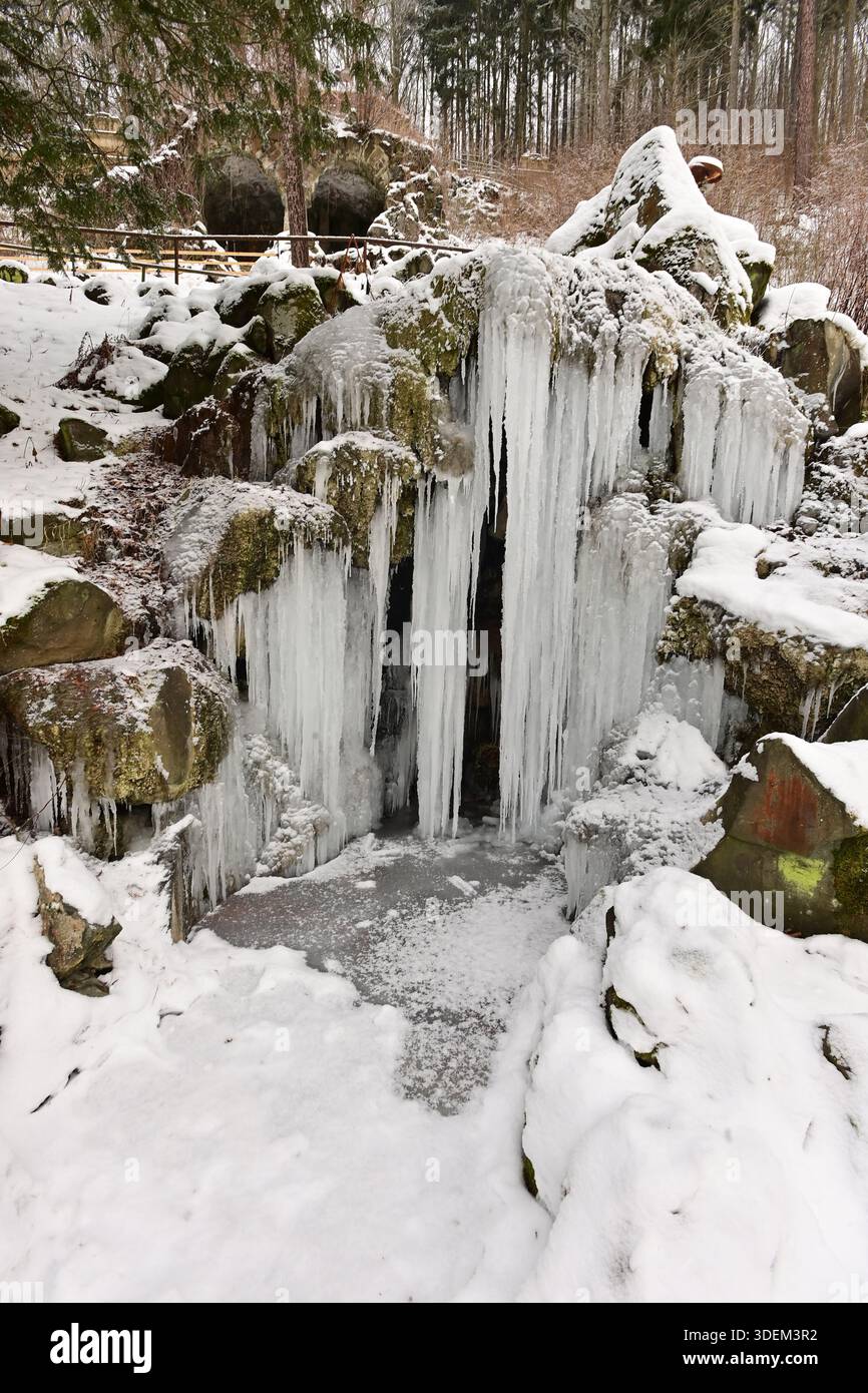 Mattoni Waterfall covered by ice and snow at Mattoni Trail in Kyselka ...