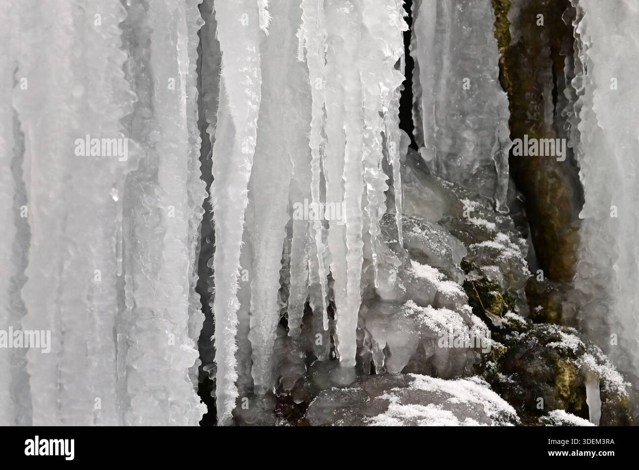 Mattoni Waterfall covered by ice and snow at Mattoni Trail in Kyselka ...