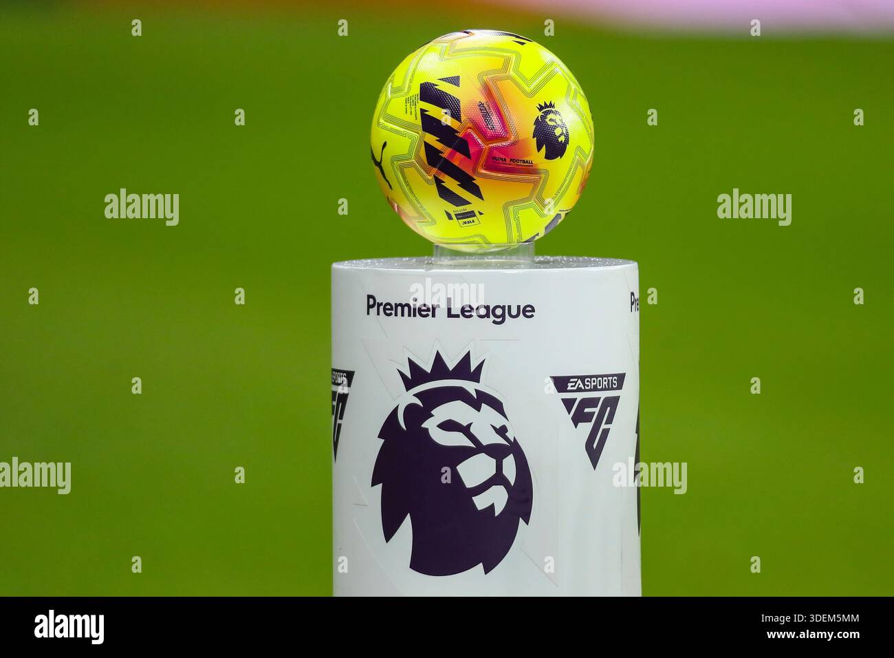 A premier league match ball sits on a plinth during the Newcastle ...