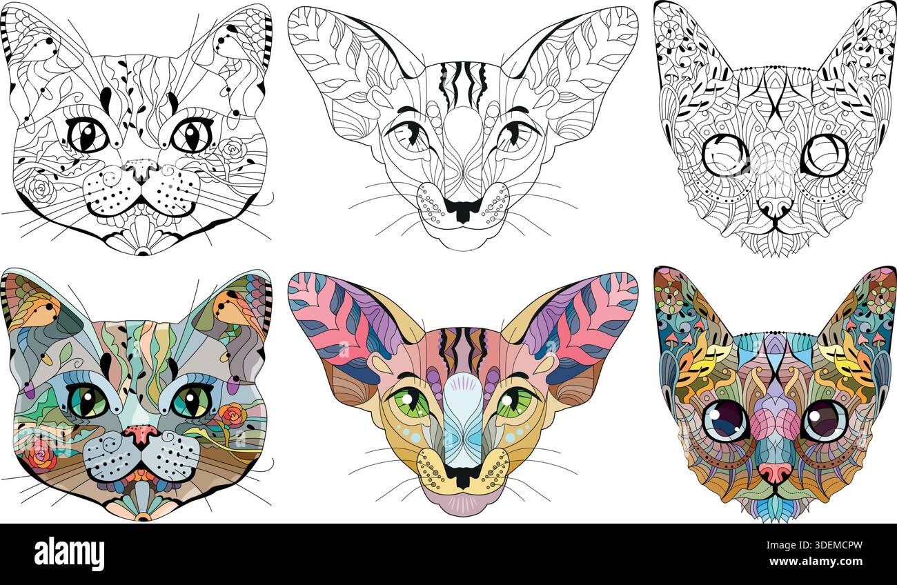 Set of stylized cat heads for coloring, for t-shirt design, tattoo and ...