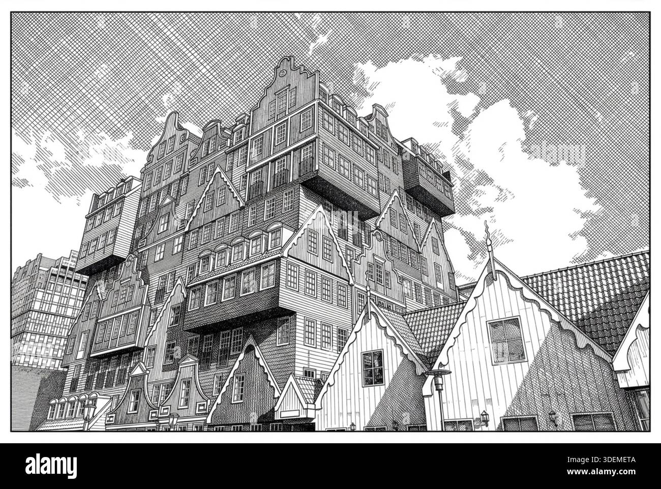 Artistic pen drawing of the unique stacked houses hotel in Zaandam ...