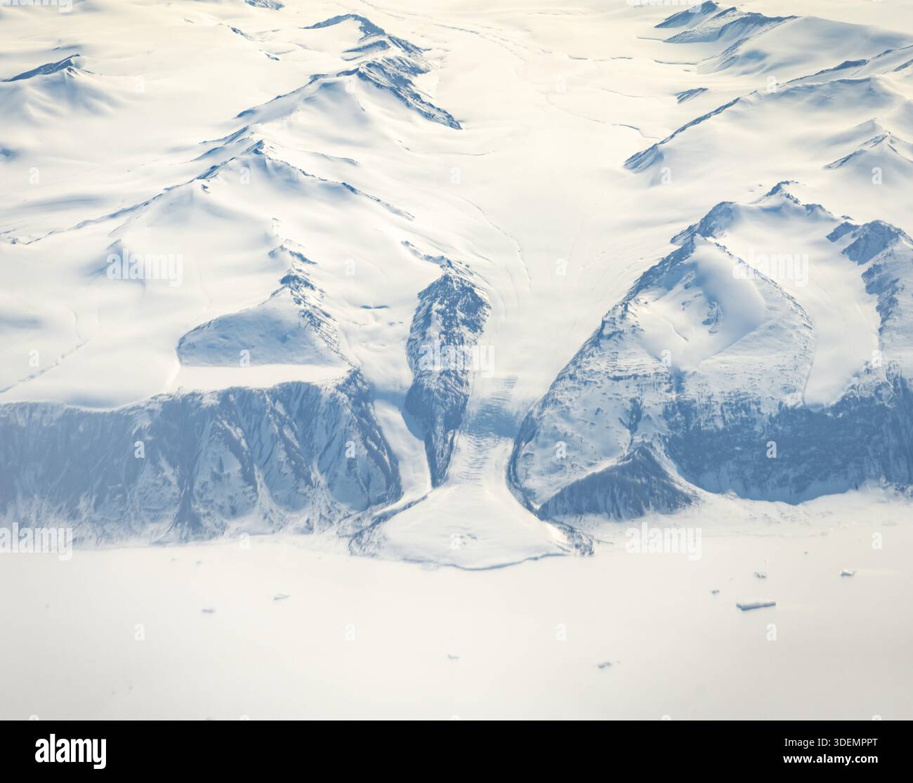 Glacier tongue flows into huge glaciers, snowy arctic mountain ...