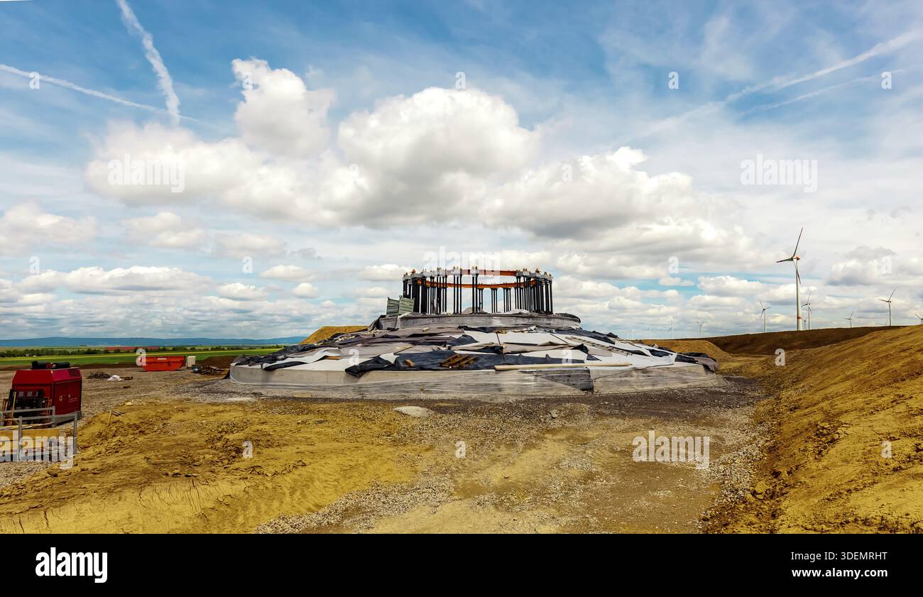 Construction site. Foundations of wind turbines with concrete and steel ...