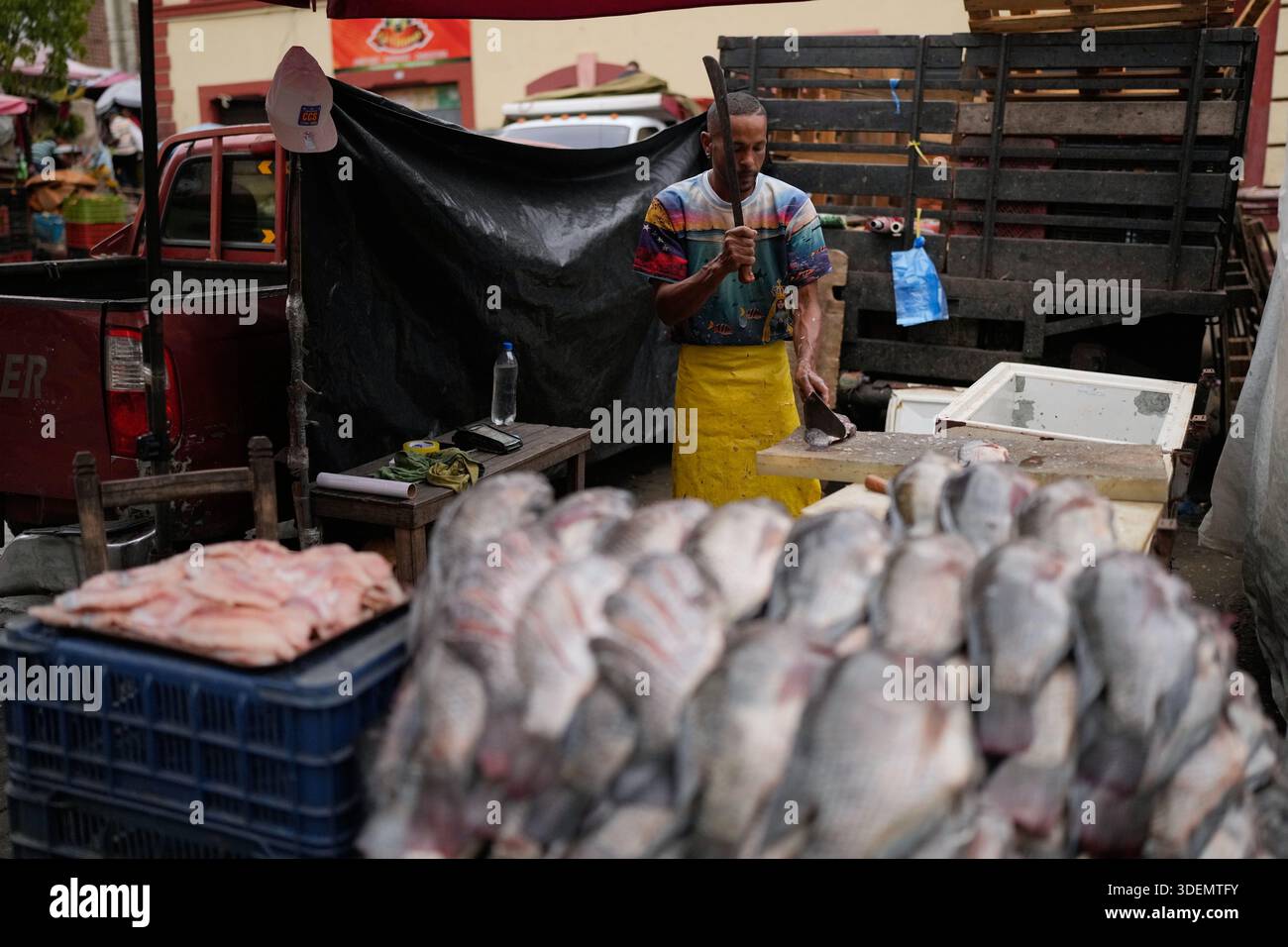 A vendor sells fish at a street market in Caracas, Venezuela, Thursday ...
