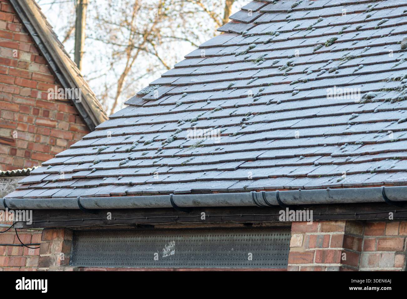 Tiled roof covered in white frost, frosty frozen building Stock Photo ...