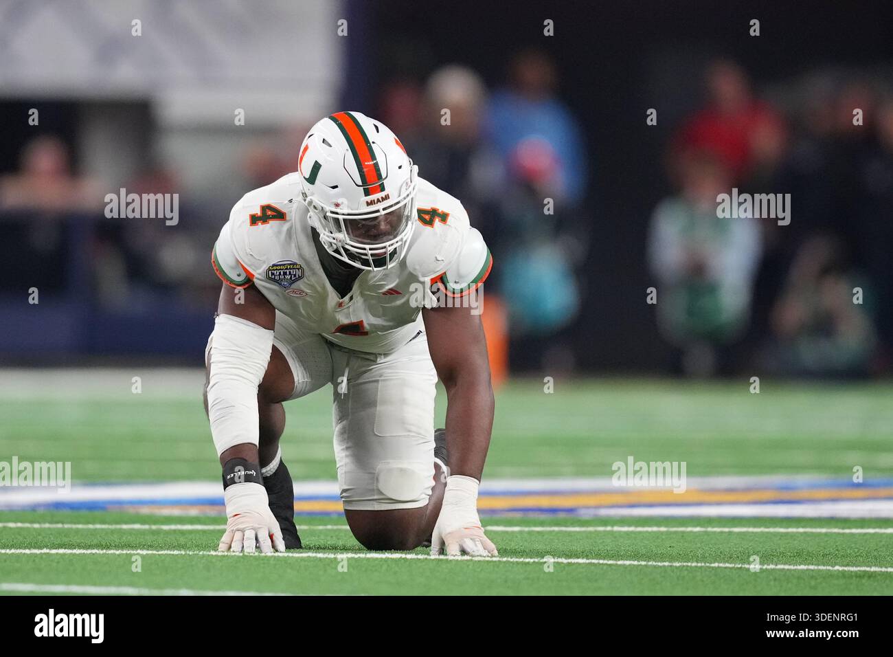 Miami defensive lineman Rueben Bain Jr. lines up for a play during the ...