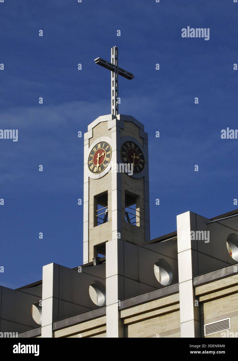 Cross and clock of modern Catholic Church on sky background Stock Photo ...