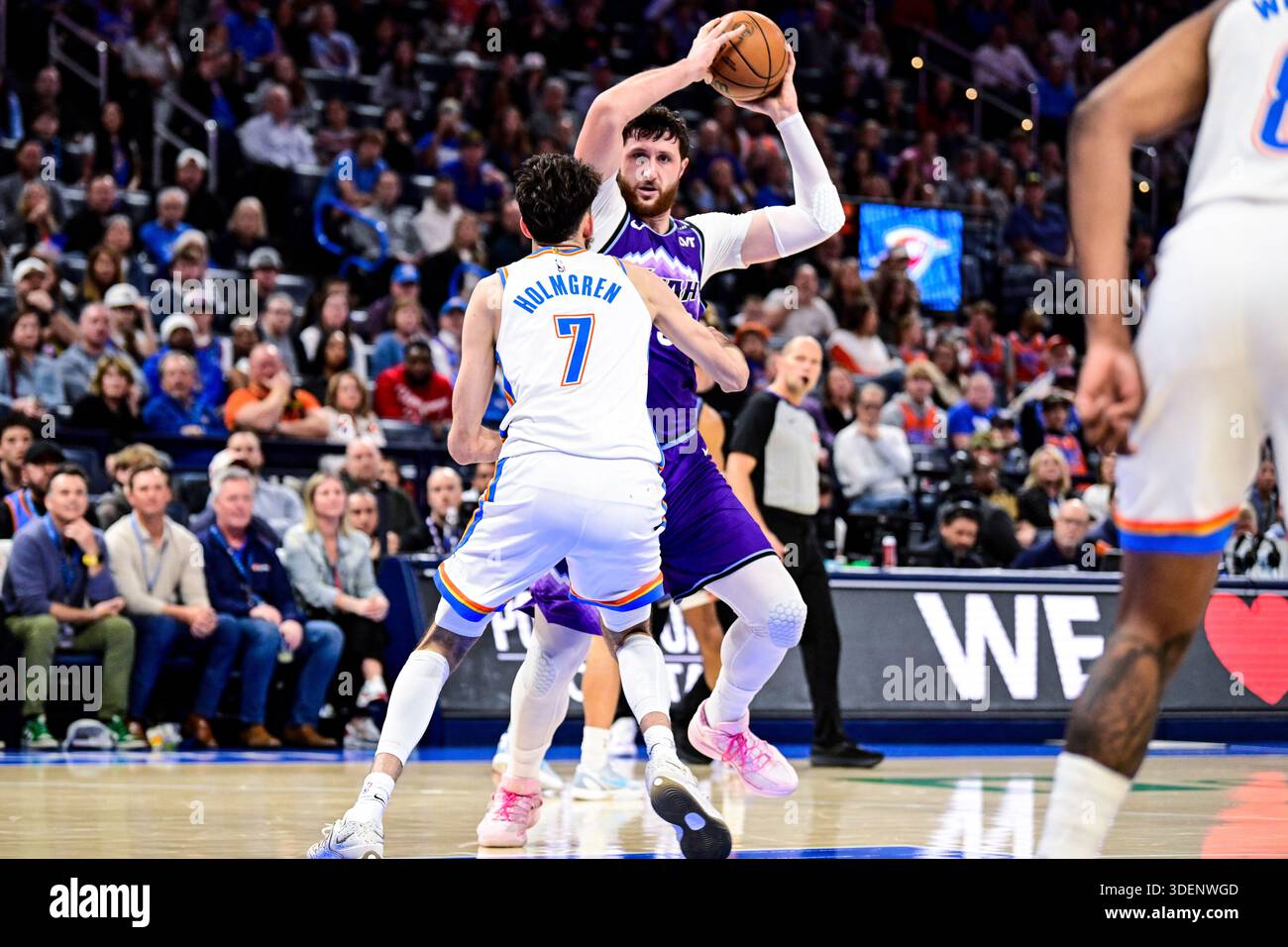Utah Jazz center Jusuf Nurkić (30) looks to pass against Oklahoma City ...