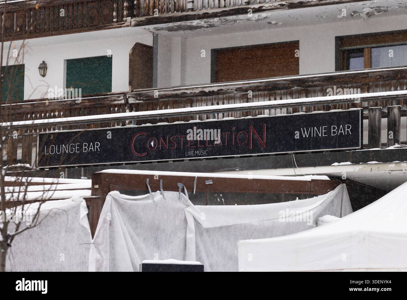 08 January 2026, Switzerland, Crans Montana: A sign with the words ...
