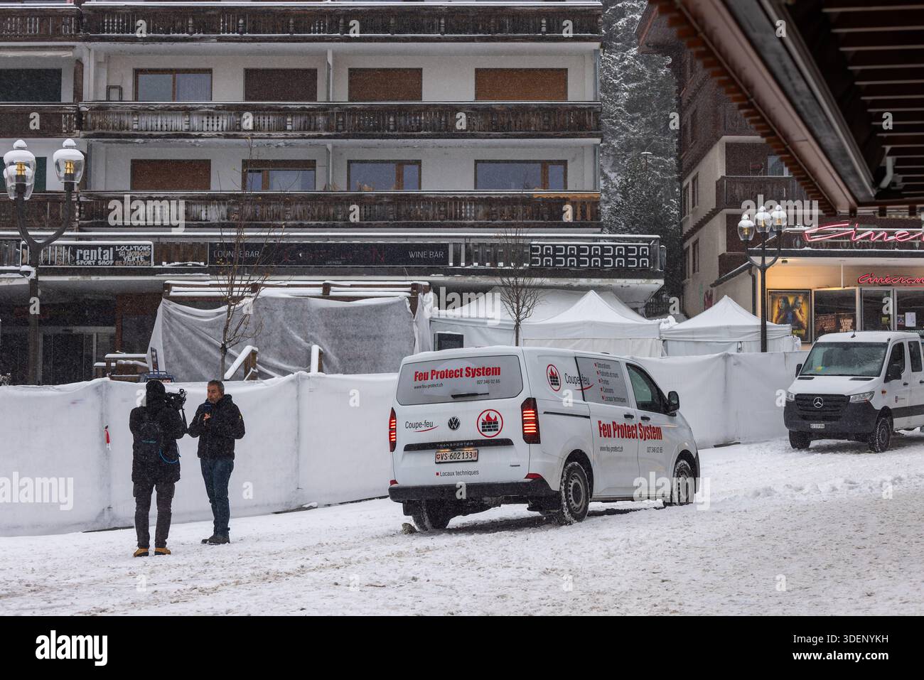 08 January 2026, Switzerland, Crans Montana: The vehicle of a fire ...