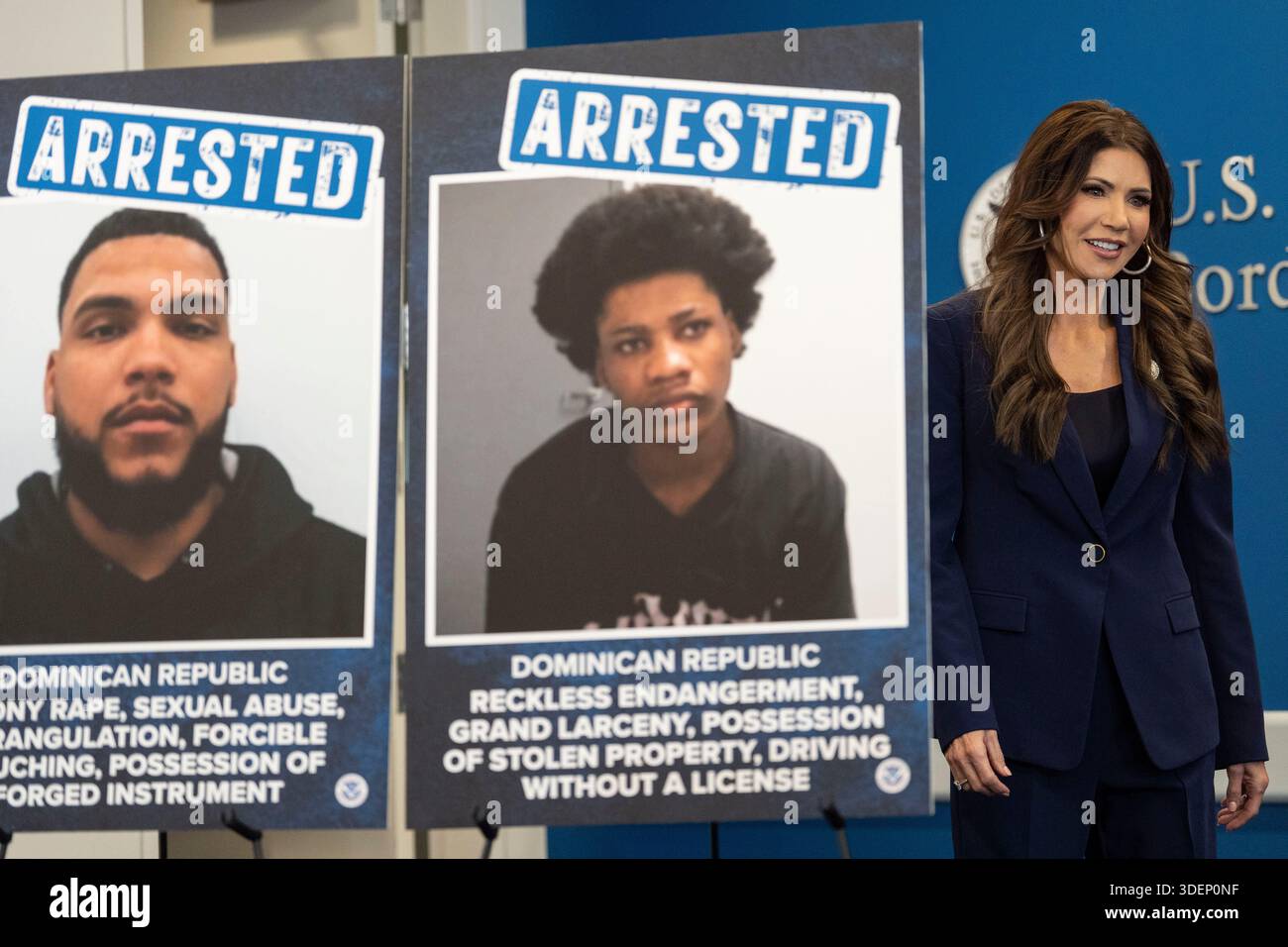 U.S. Homeland Security Secretary Kristi Noem arrives at a press ...